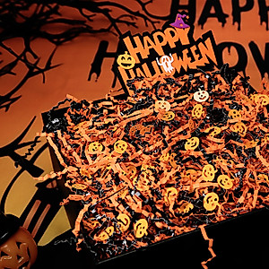 UNIQOOO 1LB Halloween Crinkle Cut Paper, Metallic Black Orange Shredded Paper Raffia Filler w/Pumpkin Confetti, Trick or Treat Candy Gift Basket Box Craft Bedding Cushion, Birthday Party Packaging