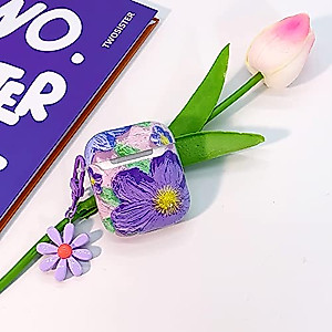 Lovmooful AirPods Case for Airpods 2 & 1, Cute Oil Painting Flower Pattern with Flower Keychain Design Cover for Women Girls Shockproof Protective TPU AirPods 1&2 Charging Case - Purple2