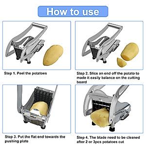 French Fry Cutter, Ruooson Professional Potato Cutter Slicer Stainless Steel, Includes 1/2 & 3/8-Inch Blade and No-Slip Suction Base, Great for Air Fryer Food Potatoes Carrots Cucumbers. (Steeel)