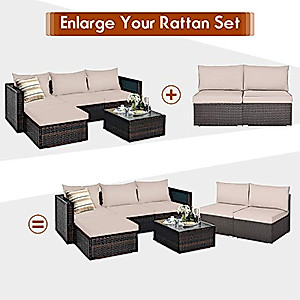 Tangkula 2 PCS Outdoor Wicker Armless Sofa, Patio Rattan Sectional Sofa Set w/2 Thick Seat Cushions and 2 Back Cushions, Additional Seats for Balcony Garden Patio Poolside (Brown)