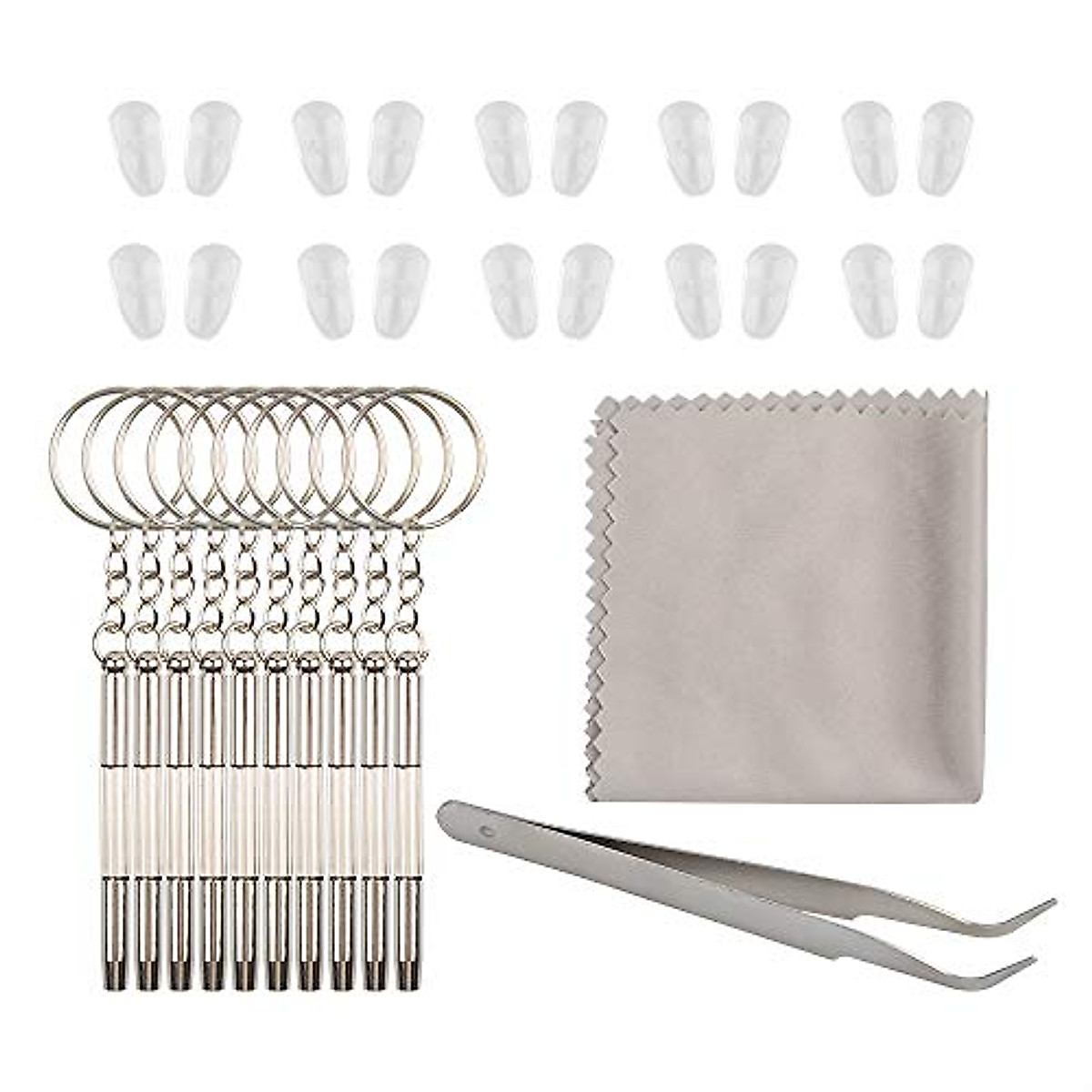 10 Pack Mini Screwdriver Keychain,YuCool 3 in 1 Mini Stainless Steel Eyeglass Repair Tool Kit with 10 Pairs 15mm Silicone Eyeglass Nose Pads,1 Pack Tweezer and 1 Pack Wipe Cloth（22 Pack In Total）