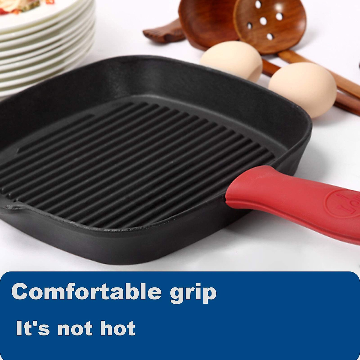 PAPABA 8Pcs/Set Silicone Hot Handle Cover Pot Holders Heat-Resistant Grip Handle Sleeves Lid Covers with Scraper for Frying Pans Cookware Red