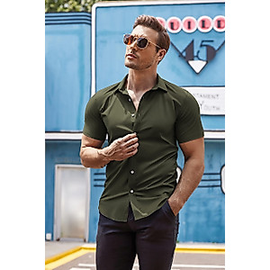 COOFANDY Men's Dress Shirts Slim Fit Wrinkle-Free Short Sleeve Casual Button Down Shirt Olive Green