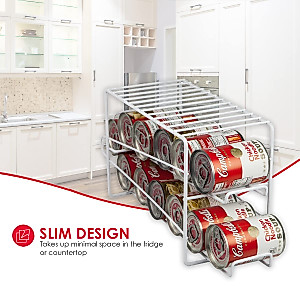 Home Basics Soda Can Beverage Dispenser Rack for Cabinet, Pantry, or Refrigerator – Dispenses 12 Standard Size 12 oz Soda Cans and 12 oz Canned Foods, White Finish