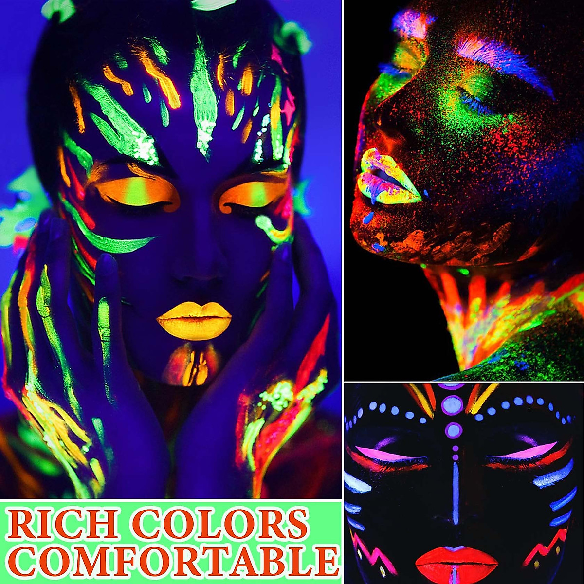 6 Pcs Glow in the Dark Face Body Paint,Blacklight Neon Face & Body Paints,Easily Cleanable Face & Body Paint Set Neon Body Makeup Glow in the Dark Party Supplies