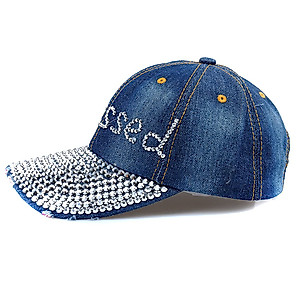 Elonmo Letter Blessed Design Womens Baseball Cap Bling Hat Rhinestone Jean Adjustable Luky Hat Gift for Her Blue