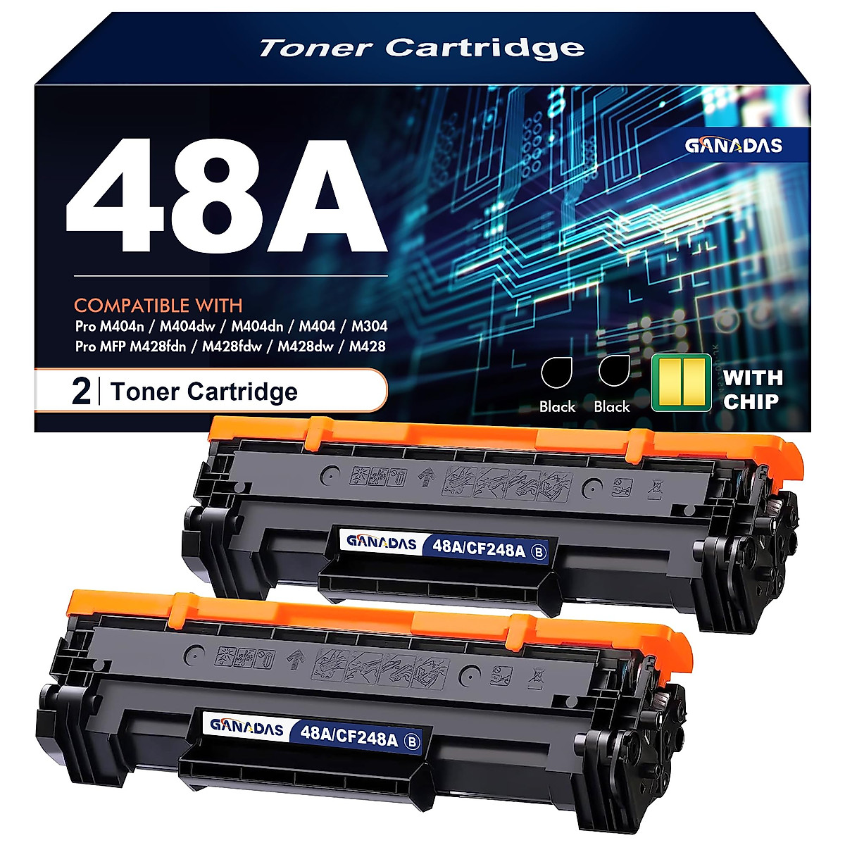 GANADAS 48A Toner Cartridge HP - 48a Toner Cartridge Black CF248A - for Laserjet Pro M15w M29w MFP M28w M28a M29a M30w M31w M15a M16a M16w - 2 Pack, Black