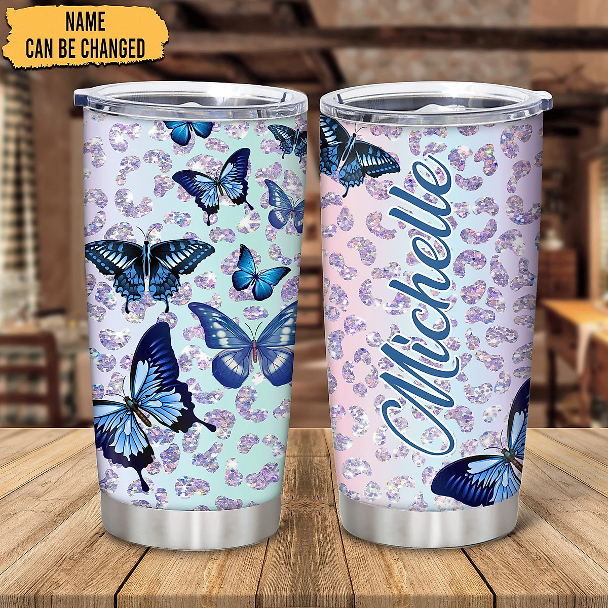 Hyturtle Personalized Gifts For Butterfly Lover - Butterflies Prints Custom Name Stainless Steel Tumbler 20oz With Lid - Idea Butterfly Lover Gifts For Women Girl Kids On Birthday, Christmas
