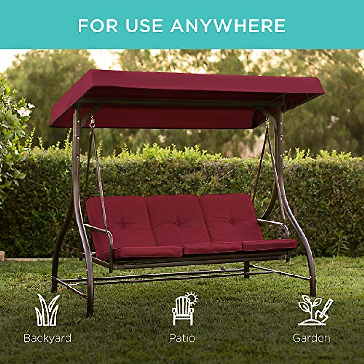 Best Choice Products 3-Seat Outdoor Large Converting Canopy Swing Glider, Patio Hammock Lounge Chair for Porch, Backyard w/Flatbed, Adjustable Shade, Removable Cushions - Burgundy