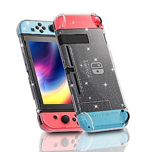 Switch Clear Glitter Case, Switch Protective Case with Tempered Glass Screen Protector and Thumb Grip Caps