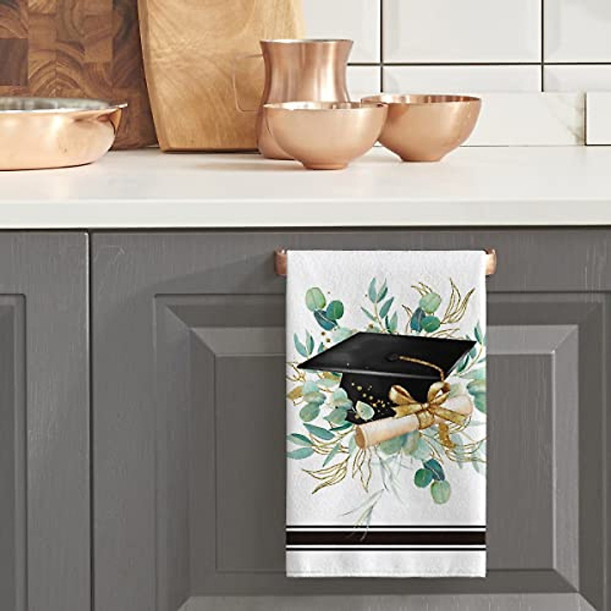 Artoid Mode Congrats Eucalyptus Leaves Diploma Cap Fingertip Towel, 18x26 Inch Soft Absorbent Graduation Party Hand Towel for Kitchen Decoration