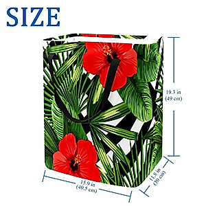 Red Hibiscus with Leaves in Striped Print Collapsible Laundry Hamper, 60L Waterproof Laundry Baskets Washing Bin Clothes Toys Storage for Dorm Bathroom Bedroom