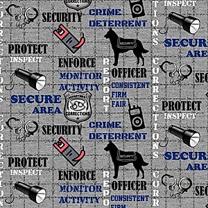 SYKEL ENTERPRISES Corrections Officer Cotton Fabric Sold by The Yard-Corrections Security Enforcement 100% Cotton Fabric w Heather Grey Ground-SYKEL 1181CO