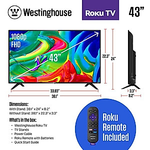 Westinghouse Roku TV - 43 Inch Smart TV, 1080P LED Full HD TV with Wi-Fi Connectivity and Mobile App, Flat Screen TV Compatible with Apple Home Kit, Alexa and Google Assistant