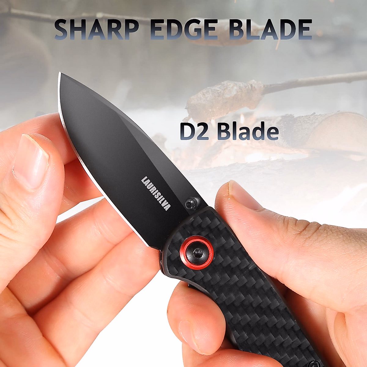 LAURISILVA Folding Knife,Pocket Knife with Carbon Fiber Handle, D2 Blade Tactical Knife for Outdoor Hunting and EDC,Survival Pocket Knives for Men Women