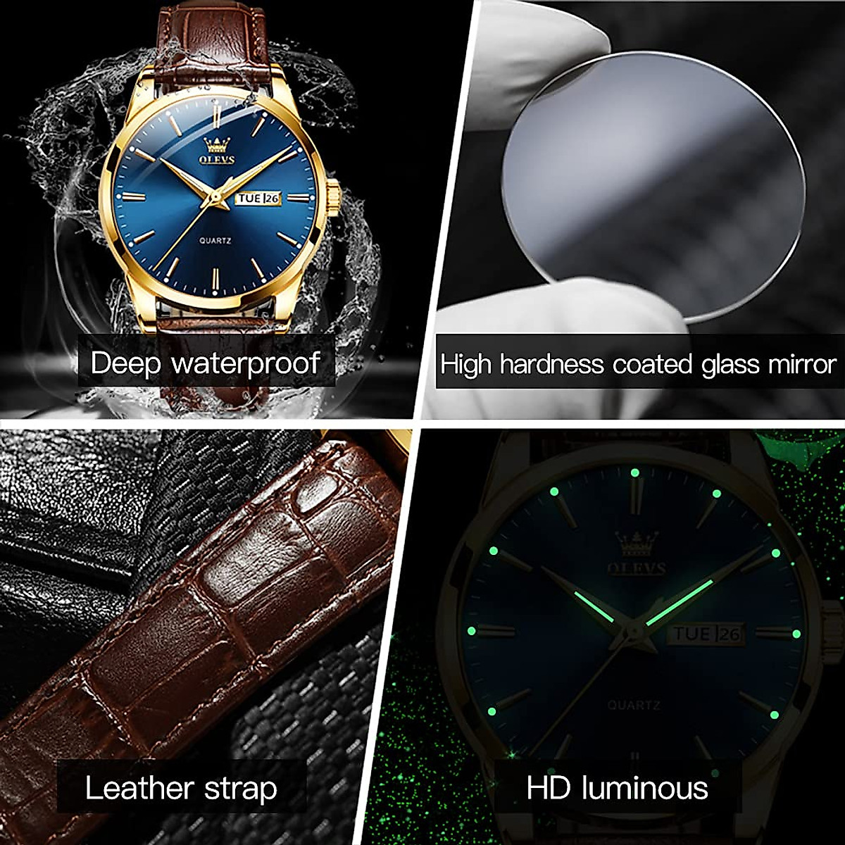OLEVS Blue Men Leather Watch,Mens Watch Brown Leather,Mens Watch with Date and Day,Mens Watches Classic,Leather Band Watches for Men,Casual Men Watch Waterproof, Watch Men,Dress Mens Watch