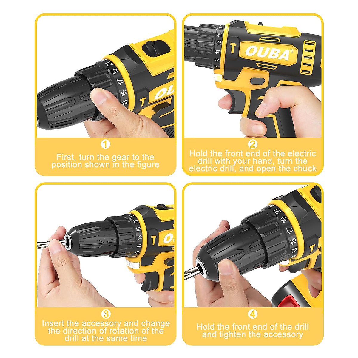 OUBA Cordless Drill Set, 12.8V Lithium Lon Power Drill Cordless with Battery and Charger, 2 Variable Speeds, 3/8" Keyless Chuck, 25+3 Torque Setting, Built-In LED, Electric Drills for Home (Yellow)