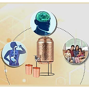 Pure Copper Hammered Water Dispenser Storage Water Tank with Tap and Set of 4 Copper Glass | Water Pot | Copper Water Storage Tank | 6.5 LTR Capacity | 218 Oz