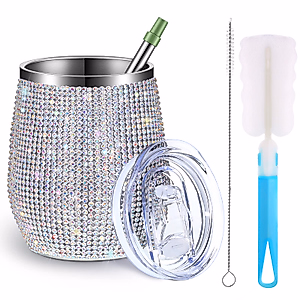 Bling Water Bottle Bling Wine Tumbler Diamond Tumbler Rhinestone for Glitter Wine Glass Tumbler Girls Trip Cups, Straw, Straw Brush and Cup Brush for Wine Coffee Cocktails Champaign (AB Color, 1 Set)