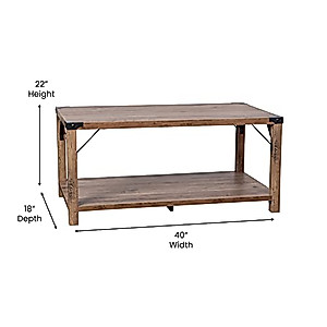 Flash Furniture Wyatt Modern Farmhouse Wooden 2 Tier Coffee Table with Metal Corner Accents and Cross Bracing, Set of 1, Rustic Oak