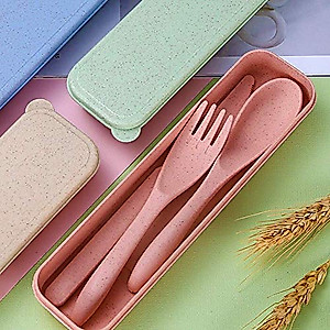 Travel Utensil Set with Case, 4 Sets Wheat Straw Reusable Spoon Knife Forks Tableware, Eco Friendly Non-toxin BPA Free Portable Cutlery for Travel Picnic Camping or Daily Use