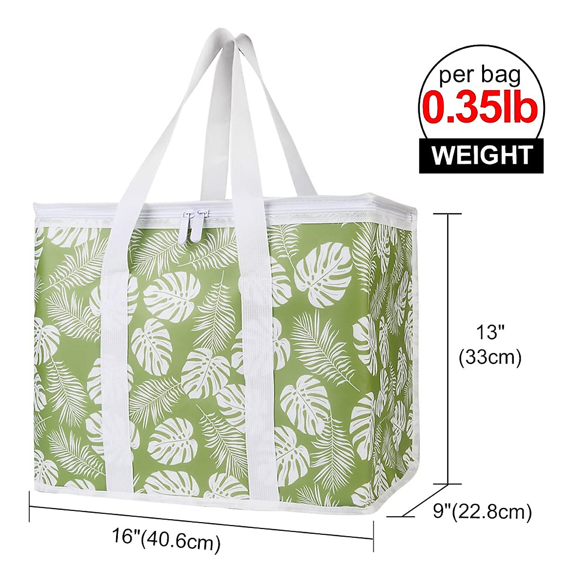 Bodaon 2-Pack Insulated Reusable Grocery Shopping Bags, X-Large Picnic Cooler Bag with Zipper Zippered Top Cold, Green-Leaf