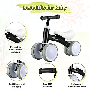 HAWEEK Baby Balance Bike Cute Toys for 1 Year Old Boy and Girl 12-24 Months Toddler Bike Baby Walker Riding Gifts for Boys Girls No Pedal Infant 4 Wheels Baby's First Birthday Gift (Black)