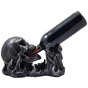 Evil Skull Rising from Flames Wine Bottle Holder Statue in Metallic Look for Scary Skeleton Halloween Party Decorations or Spooky Gothic Bar Decor As Gifts for Man Cave?
