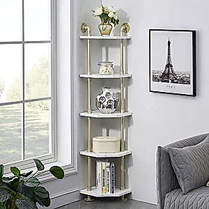 ivinta Corner Bookshelf with Storage, Wall Mount Pipe Shelves, White Corner Shelf Stand, Gold Metal Décor Bookcase, Modern Shelf Organizer Display Stand Rack for Bedroom, Bathroom, Living Room