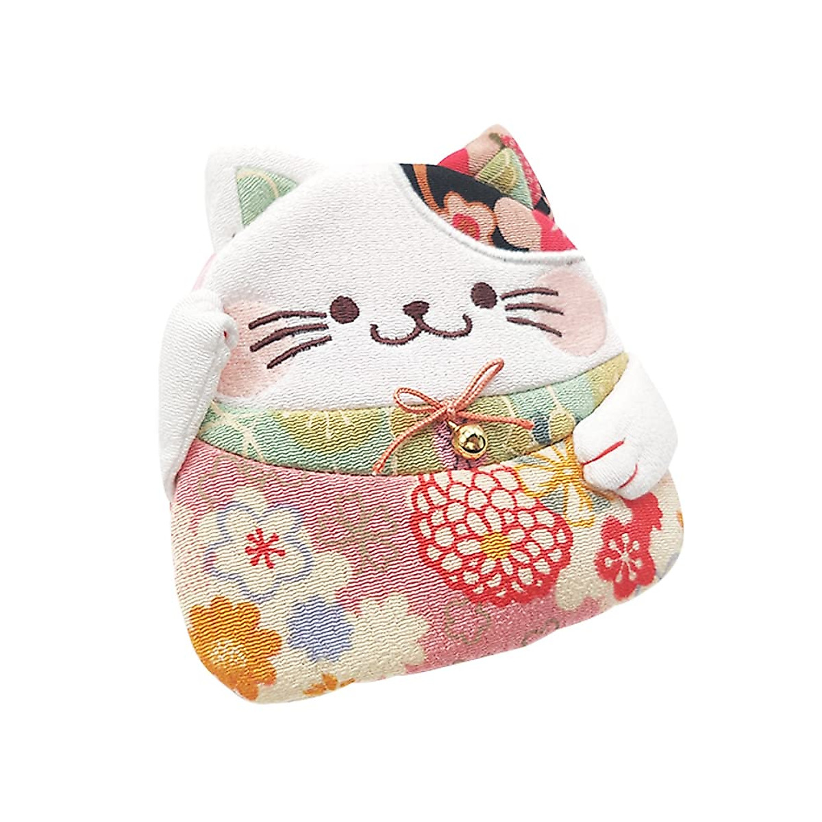 [BAR AUTOTECH] Zipper Maneki Neko lucky cat coin purse- Chirimen Kimono Print Style kawaii Cat Coin Wallet Holder for Coin Money Credit cards (Pink)