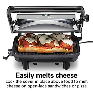 Hamilton Beach Electric Panini Press Grill with Locking Lid, Opens 180 Degrees for any Sandwich Thickness (25460A) Nonstick 8" X 10" Grids Chrome Finish, Medium