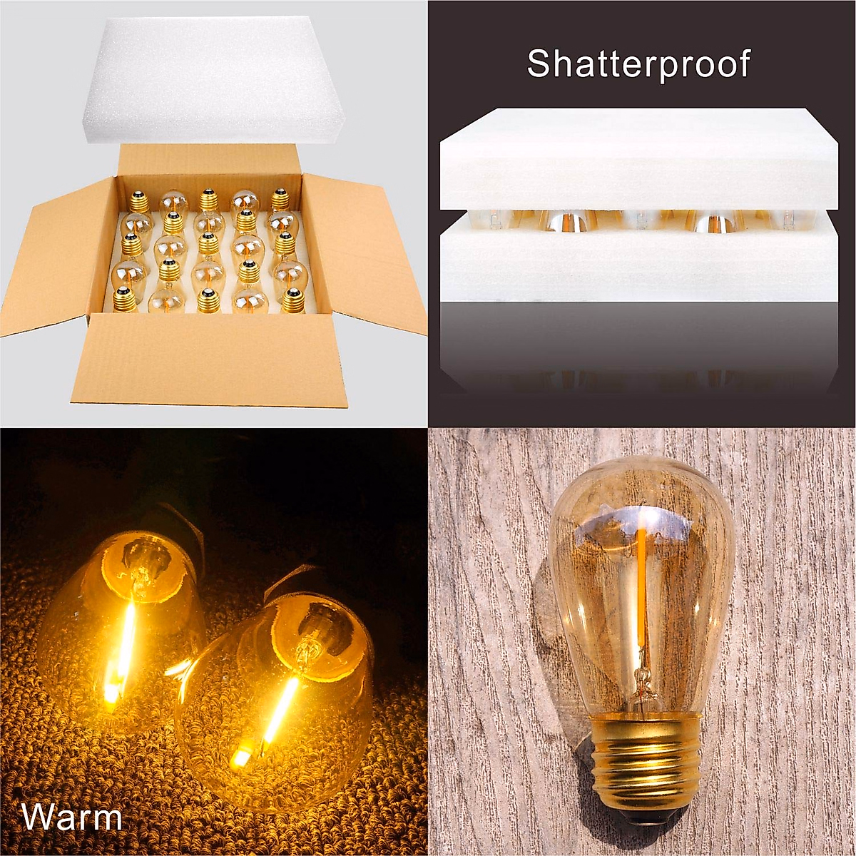 Hizashi 25 Pack S14 String Light Bulbs Replacement, Amber 2200K 11W S14 LED Bulbs for Outdoor String Lights, 1W Dimmable Shatterproof Waterproof, E26 Base Ediosn Bulbs, UL Listed