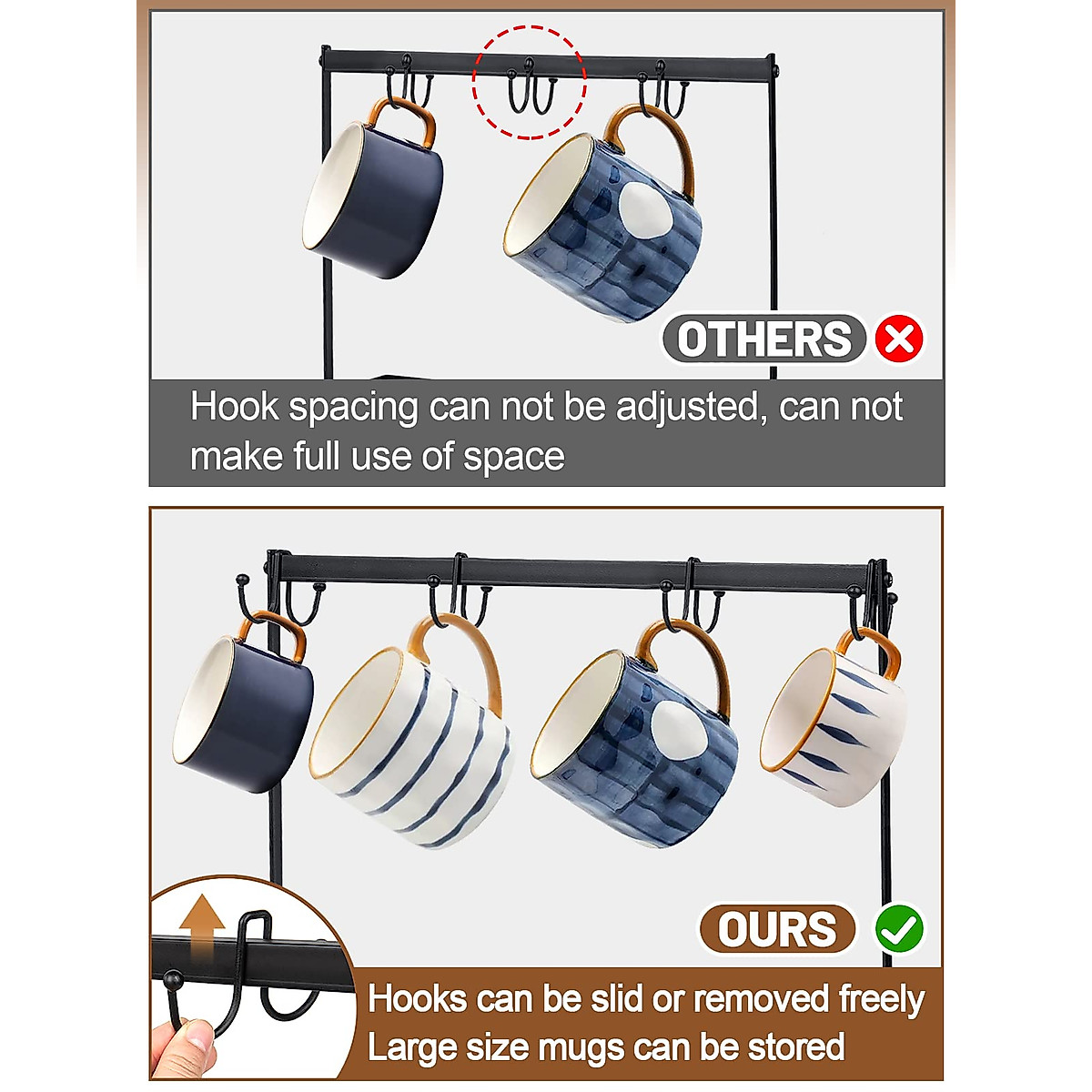 Biggun Coffee Mug Holder with Removable Hooks - Metal 8 Mugs Coffee Cup Holder Storage Organizer for Counter, Large Mug Display Rack Stand for Coffee Bar Kitchen Countertop