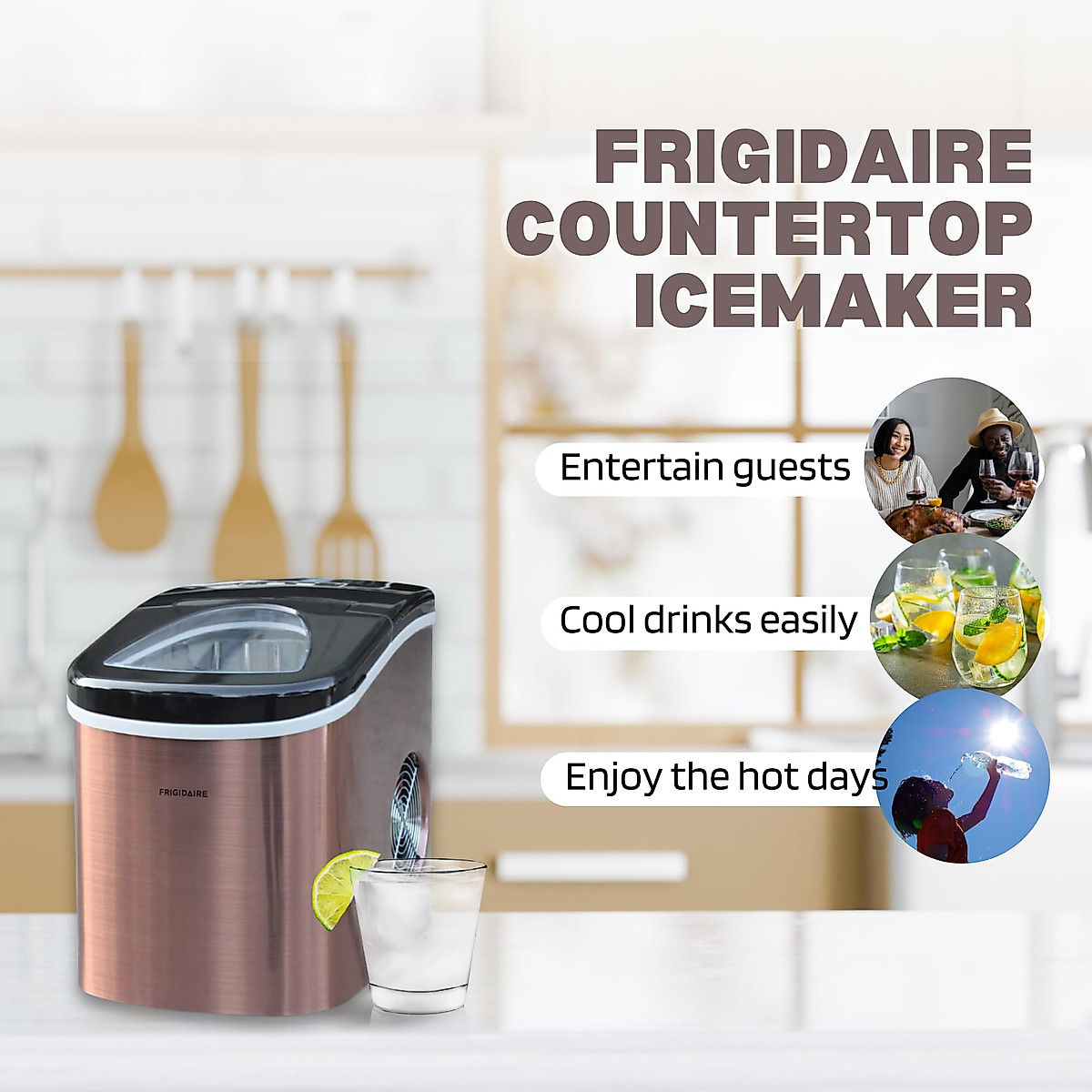 FRIGIDAIRE - Stainless Steel Countertop Ice Maker Machine with 26 lb Capacity | Ice Machine Makes 9 Cubes Every 7-15 Minutes | Portable Ice Maker for Countertop with Ice Shovel & Drain Plug