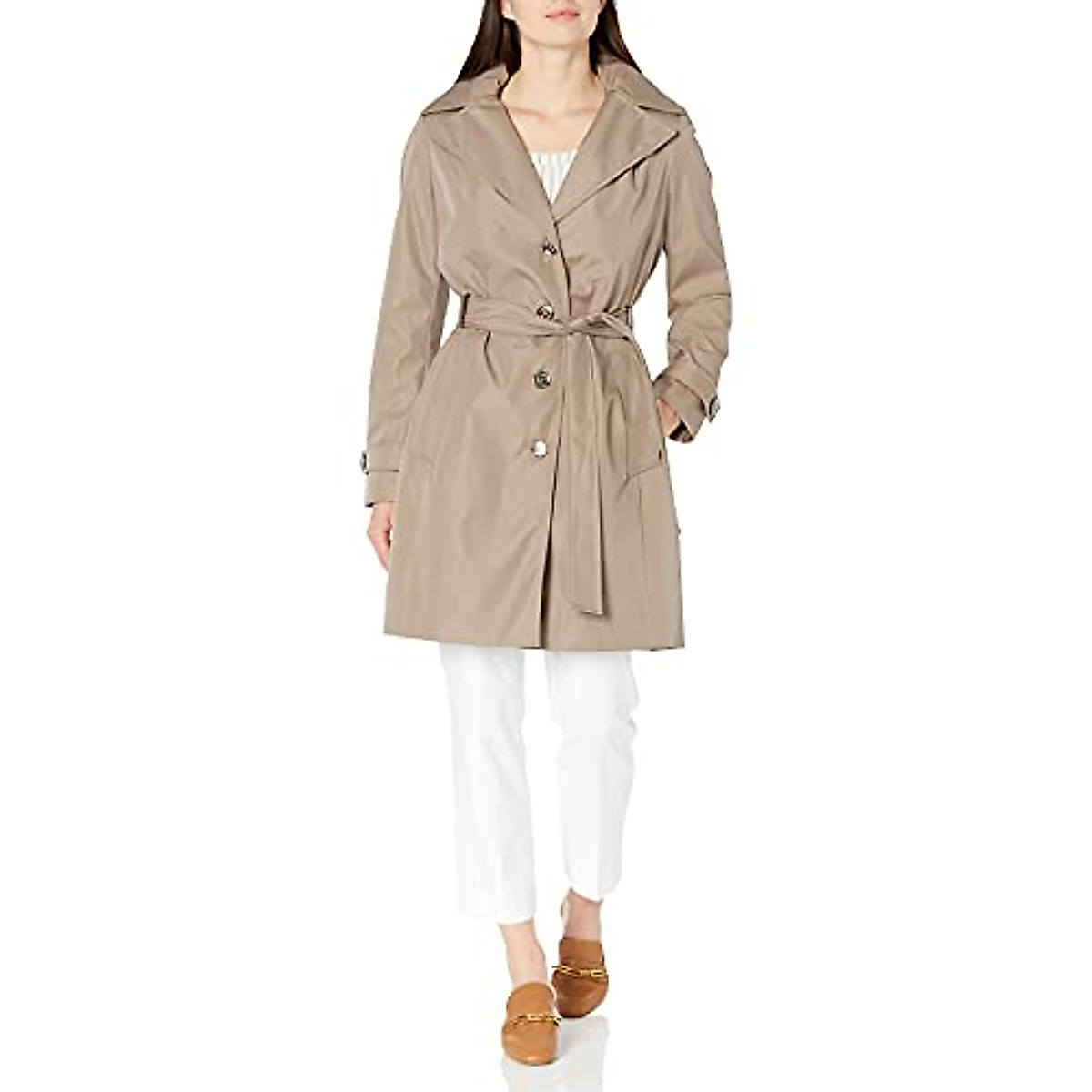 Calvin Klein Women's Single Breasted Belted Rain Jacket with Removable Hood, Owl, X-Small