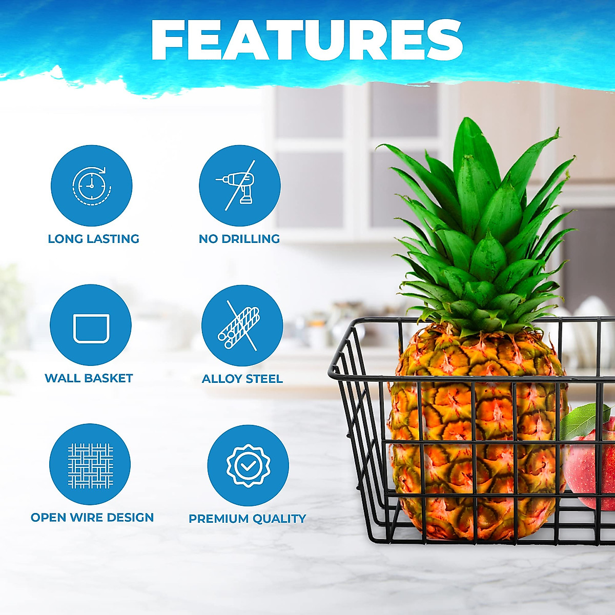 BASKETIA Wire Baskets, 2Pcs, 11x 4.7x 4.7 Inches – Rust Resistant Metal Basket with Strong Adhesive - Perfect for Organizing & Storing in Kitchen, Bathroom, Closets, Vanity & Pantry Black