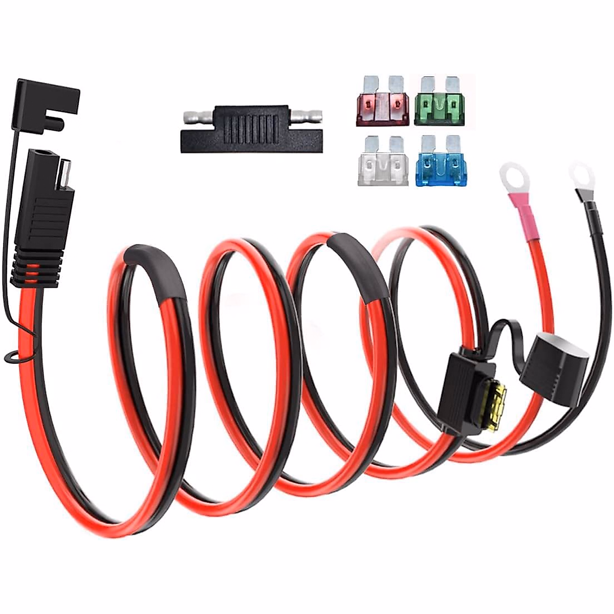 ELFCULB SAE Battery Connector, 10AWG SAE to O Ring Terminal Harness 2-Pin Quick Disconnect SAE Battery Cable for Motorcycle Car,with 10A 15A 20A 25A 30A Protection Fuse(10FT)