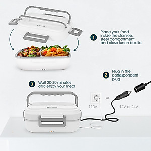 Travelisimo Electric Lunch Box 3 in 1 60W, Heated Lunch Boxes for Adults for Car, Truck, Home and Work 12V 24V & 110V, Loncheras Electricas para Calentar Almuerzo
