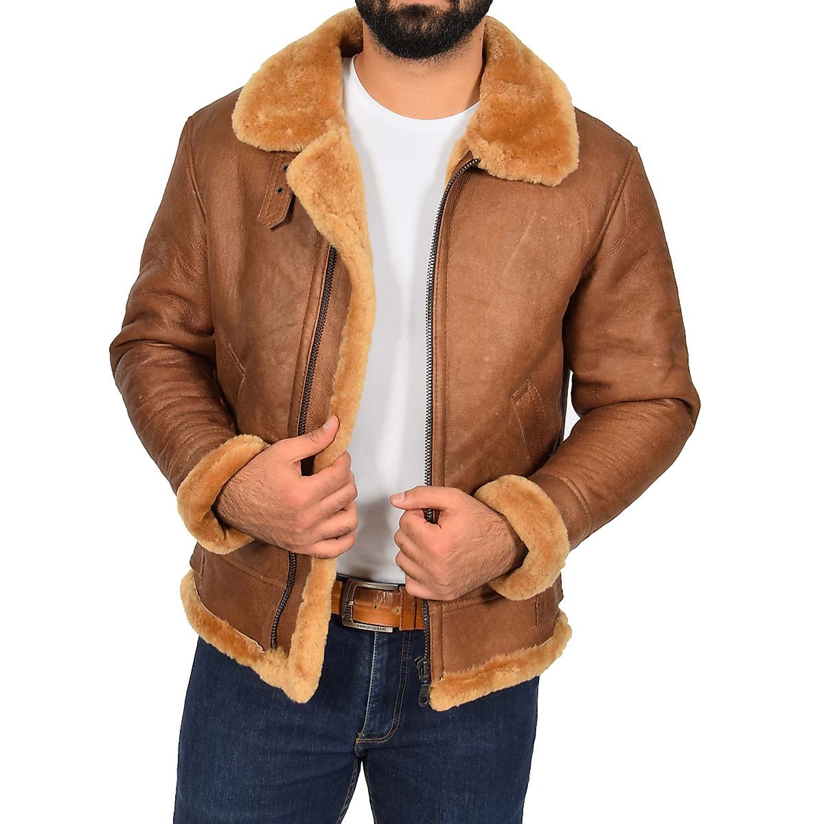 A1 FASHION GOODS Real Sheepskin Flying Jacket Vintage Tan Shearling Bomber Authentic Aviator Coat Tornado (Large)