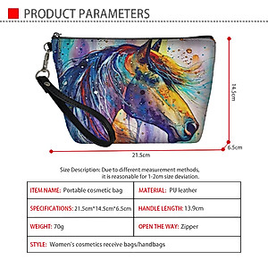 PIHNSDUA Watercolor Horse Cosmetic Bag Small Makeup Pouche PU Leather Zip Makeup Bags with Wrist Strap for Women Gifts