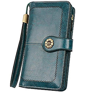Pearl Angeli Women Wallet Genuine Leather Charming Ladies Wristlet Tri-fold Rfid Blocking Credit Card Holder Organizer Clutch Navy (Peacock Blue)