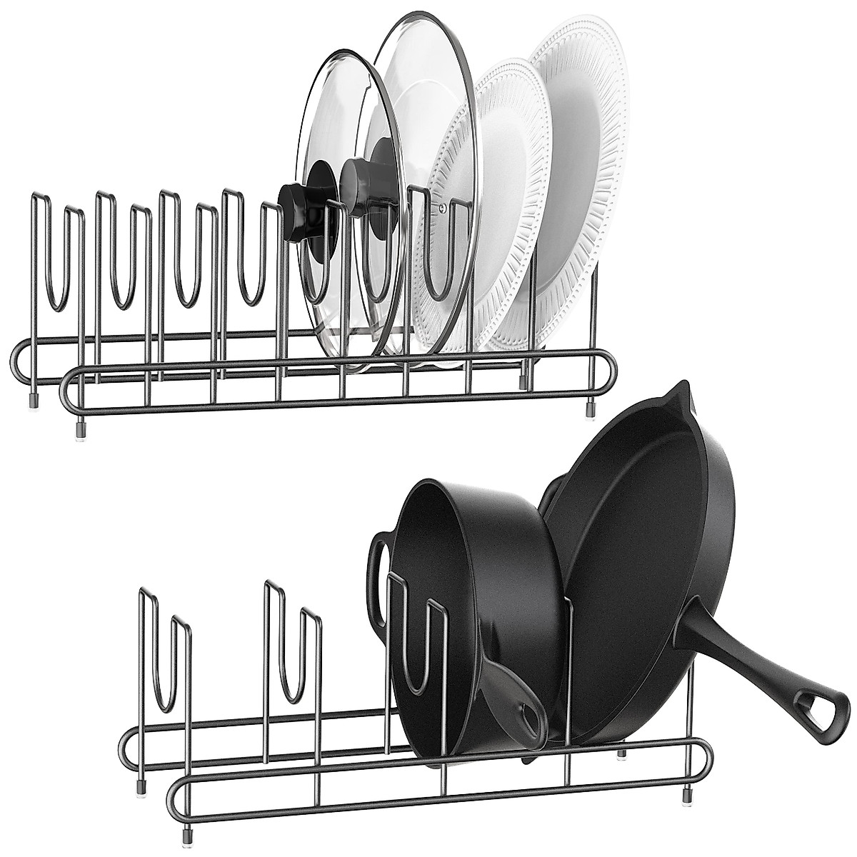 [Pack of 2] Pan Lid Organizer, Pan Organizer for Kitchen Inside Cabinet, Lid organizer for the pots and pans, Plates Holder Organizer for the Lid, Dish, Baking Pan, Chopping Board on Countertop (Black)