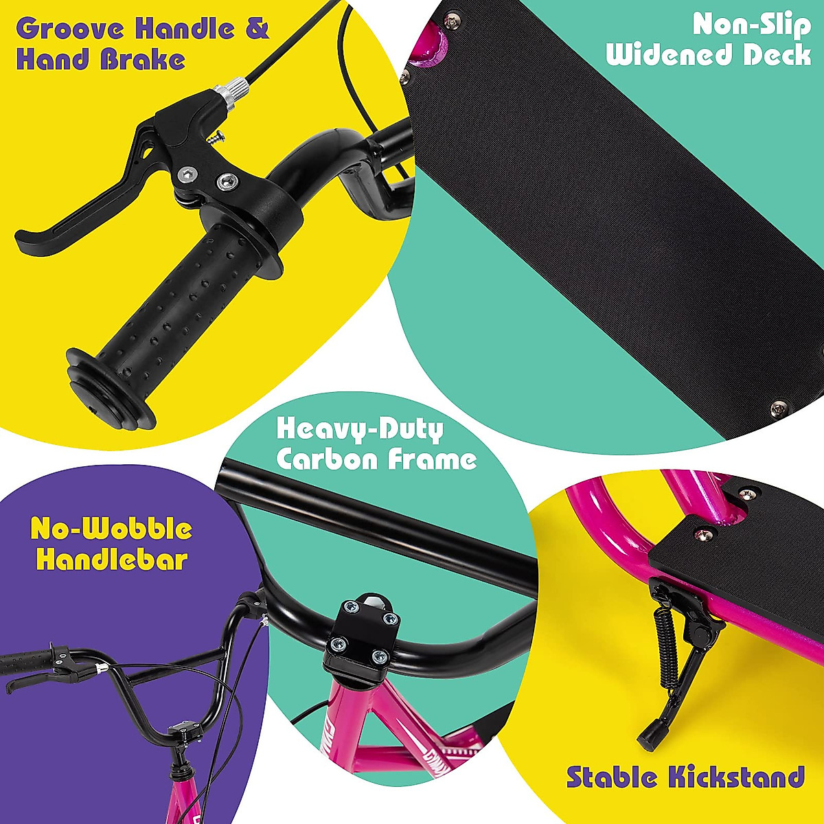 GYMAX Scooter, Kids & Adults Off-Road Scooter with 12" Inflatable Wheels, Adjustable Height Handlebar, V-Type Handbrakes & Axle Pegs for All Terrain, 8+ (Pink)