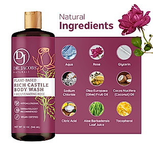 DR. JACOBS NATURALS Castile Rose All-Natural Body Wash for Moisturizing Dry and Sensitive Skin Shampoo with Plant-Based Ingredients Gluten, Preservatives-Free Formula - 32 oz, Pack of 1