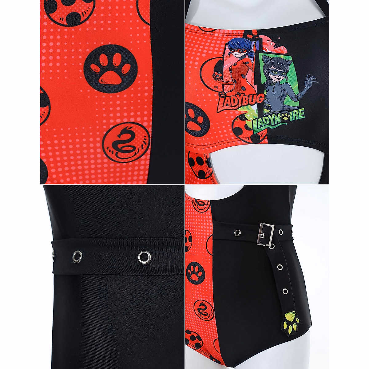Miraculous Women's Ladybug and Lady Noir Beach Halter One Piece Swimsuit Bathing Suit (as1, Alpha, x_l, Regular, Regular, Black and Red)