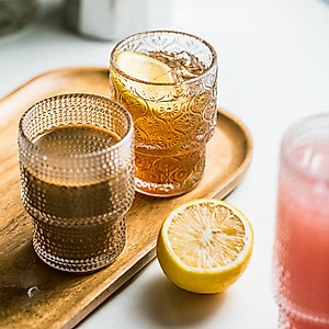 POLIDREAM Vintage Glassware Set of 4 pcs Glass Cups, 2 Embossed Stackable Pattern Style & 2 Raindrop Origami Style, Elegant Old Fashioned Glasses, Ideal for Whiskey, Cocktail, Ice Coffee, Beer