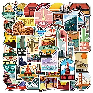 Travel Stickers - 50 Pack Around The World Stickers Map Decals Famous Tourism Country Waterproof Tourist Wonders Sticker Outdoor Decorations for Water Botter Laptop Gift to Kids Teens (Travel)