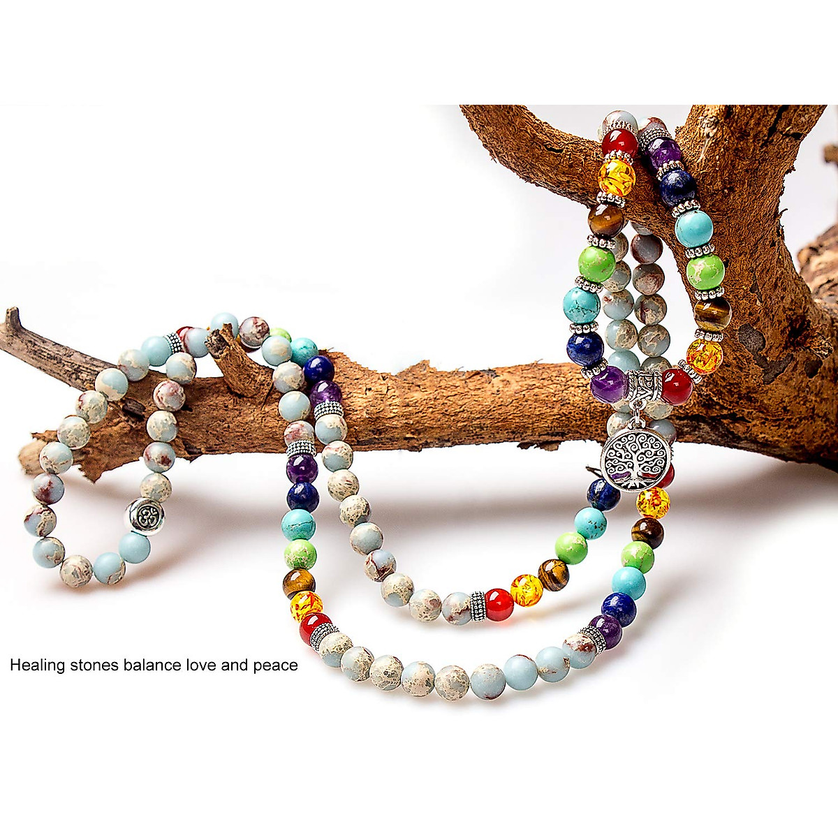 Addmluck 108 Mala Beads Meditation Necklace 7 Chakra Tree of Life Pendant Necklace Prayer Buddha Beaded Bracelets Healing Stone Yoga Necklace for Men and Women Jewelry(shoushan stone)