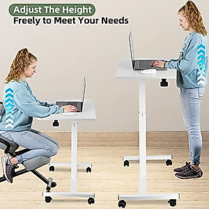 VELOCVIL Pneumatic Height Adjustable Rolling Laptop Desk, 28 Inch Heavy Duty Sit to Stand Mobile Laptop Table with Wheels for Office, Home, Bedroom or Couch, White