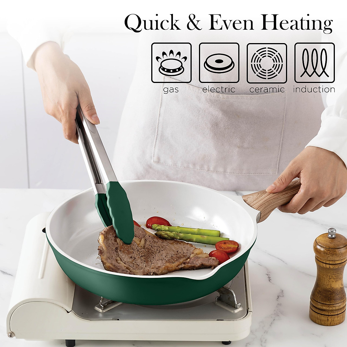 Country Kitchen Pots and Pans Set Nonstick, Cast Aluminum Kitchen Cookware Set with Utensils, 14 Pcs Non Stick Cooking Set w/Frying Pans & Saucepans, Sage